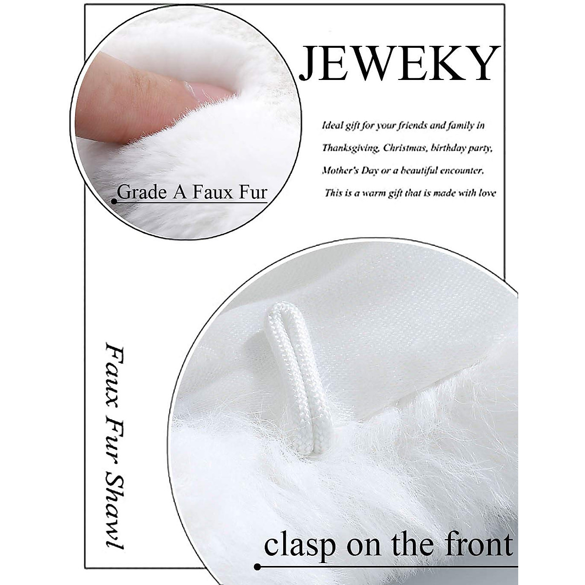 JEWEKY 1920s Bride Wedding Fur Shawls and Wraps Winter Bridal Faux Fox Fur Stoles and Scarfs for Women and Bridesmaids (A-White, US 4-14 (S-M))