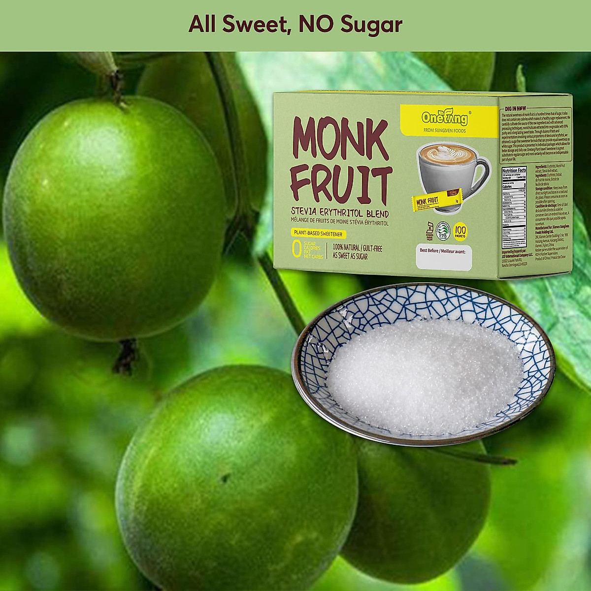 ONETANG Classic Monk Fruit Sweetener with Erythritol- White Sugar Substitute, Zero Calorie, Keto Diet Friendly, Zero Net Carbs, Zero Glycemic, Baking, Extract, Sugar Replacement 7.05 oz（100 count）