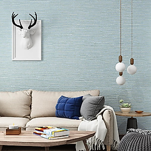 Haimin Grasscloth Wallpaper Peel and Stick 20.9in X 393in Fabric Contact Paper Wall Paper Textured Wallpaper Horizontal Stripes Look Wallpaper Self-Adhesive Thick Vinyl Embossed Wallpaper (Light Blue)