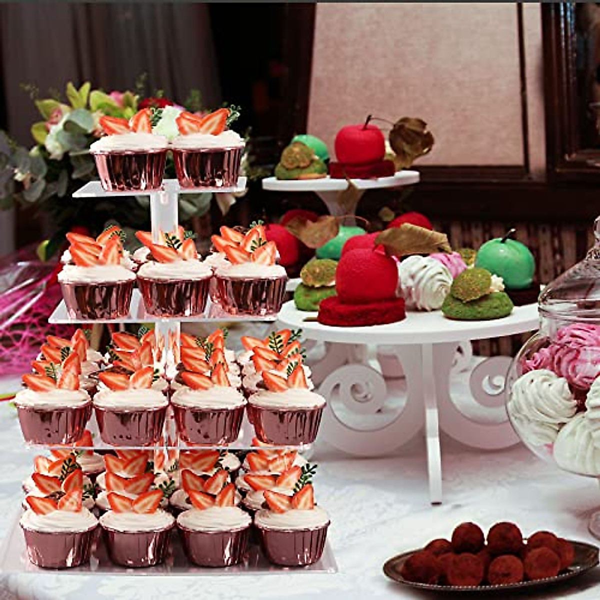 Yumhouse Cupcake Stand for 50 Cupcakes,4-Tier Acrylic Cupcake Tower Holder,Cupcake Holder,Dessert Stands with LED Light String for Cupcake Display,Wedding,Birthday,Baby Shower