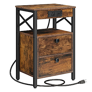HOOBRO Nightstand with Charging Station, End Table with 2 Drawer, Sofa Side Table with USB Port, Multi-Level Storage Space, for Bedroom, Adjustable Feet, Stable, Rustic Brown and Black BF138UBZ01
