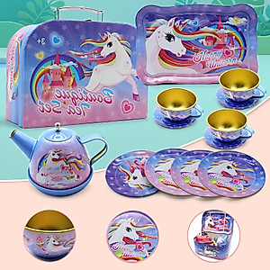 Dollox Kids Tea Party Playsets for Little Girls, Pretend Tin Teapot Set Princess Tea Time Toys Playset with Teapot, Cups, Plates and Carrying Case Birthday Gifts Ideas for Age 3 4 5 6 Years Old Girls