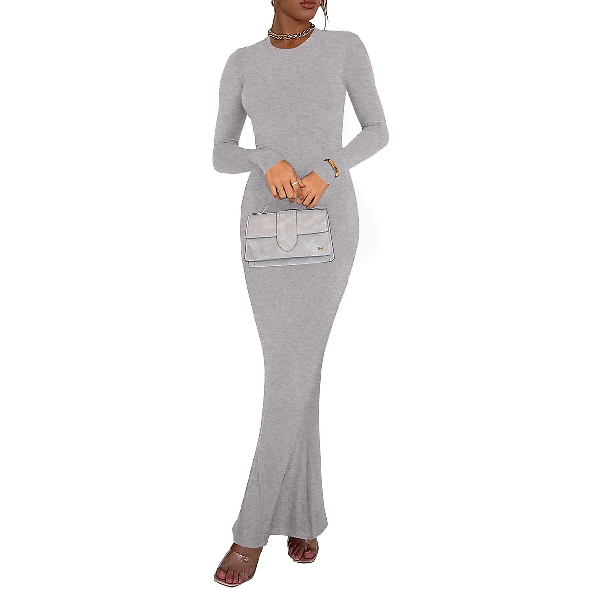 REORIA Women's Sexy Casual Crew Neck Lounge Slimming Long Dress Elegant Wedding Guest Long Sleeve Ribbed Bodycon Maxi Dresses Light Grey Small