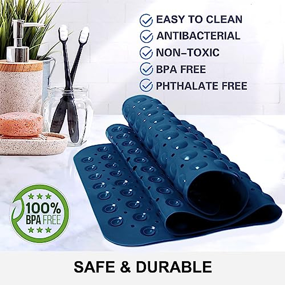 Duwenem Bath Mat for Tub and Shower - Extra Large 39 X 16 Inch Non Slip Bathtub Mat with Drain Holes & Suction Cups - Machine Washable Bathroom Mat (Navy Blue)