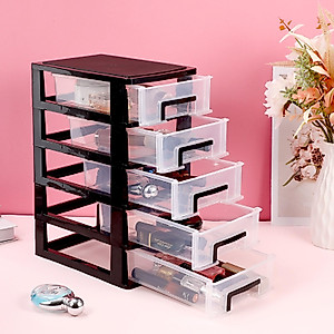 STOBOK Plastic Storage Drawers 5 Layers Clear Storage Bins with Black Frame Space Saving Organizer Drawers for Crafts Tools Jewelry Stationary