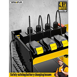 Spampur Power Tool Organizer Wall Mount with Charging Station, Garage Tool Shelf 6 Drill Holders, Tool Battery Holder with Screwdriver Heavy Duty Rack, Tool Storage Rack with 4 Outlet Power Strip