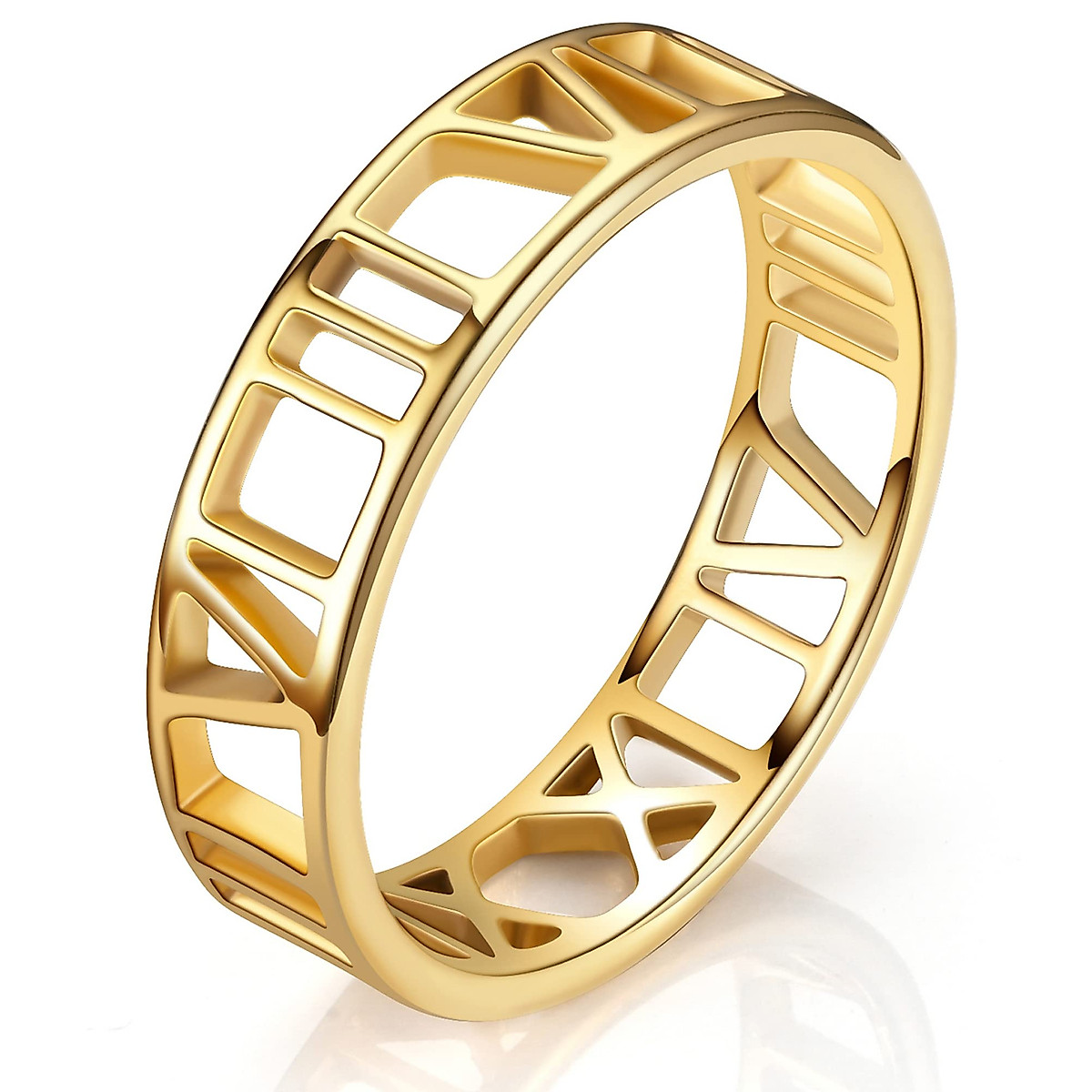 King Ring 6mm Roman Numeral Ring – Stainless Steel Delicate & Durable Ring Jewelry – Hollow Out Finger Ring – Unique Design & Elegant Outlook – Gold 8