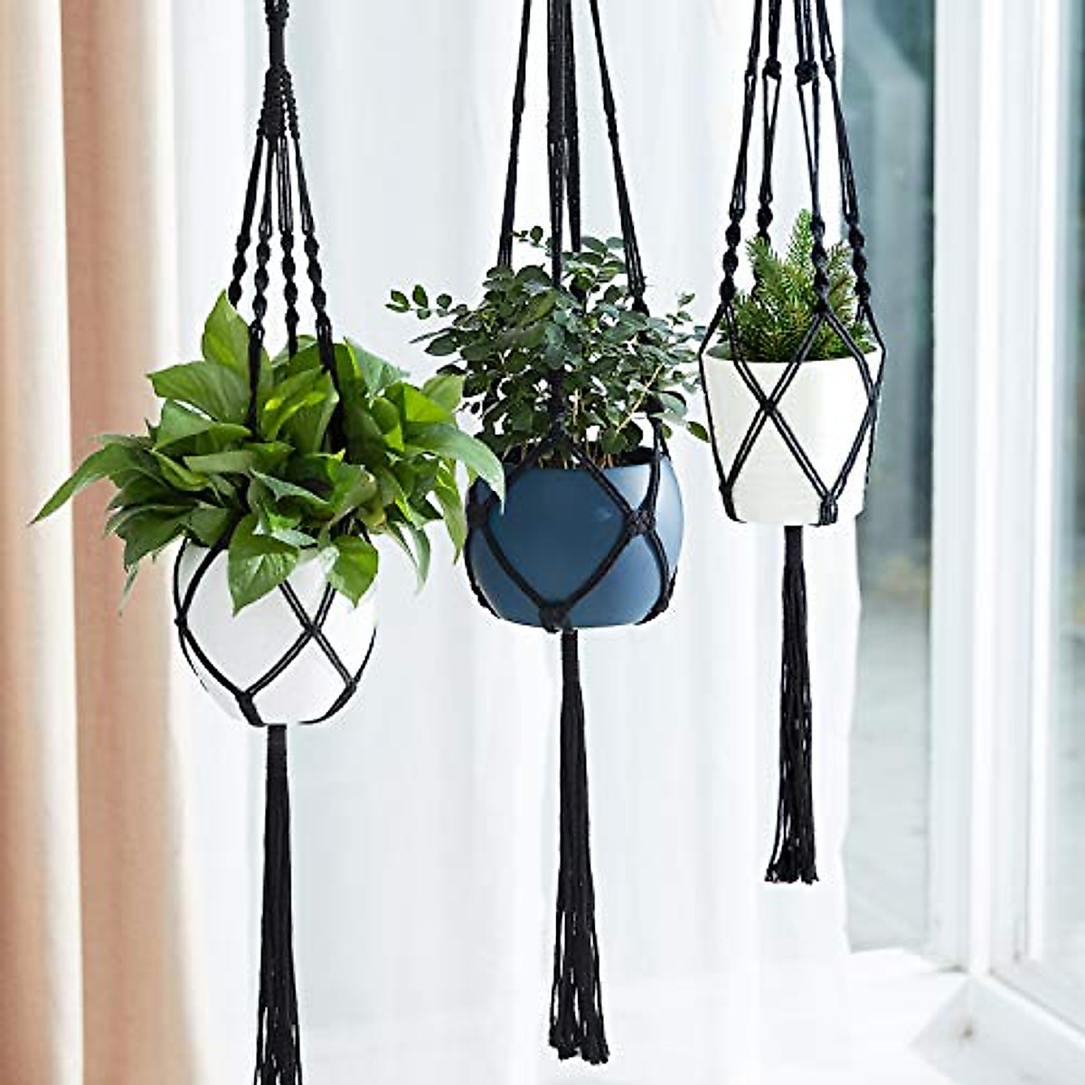 PROTITOUS Macrame Plant Hanger 3pcs Black Indoor Hanging Planter Basket Flower Pot Holder Cotton Rope with Ceiling Hook,Same Size,4 Legs 39 Inch