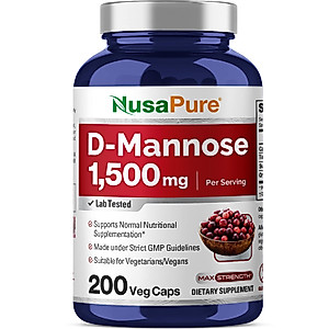 NusaPure D-Mannose 1500 mg per Serving - 200 Vegetarian Capsules (Organic, Non-GMO, Gluten-Free)