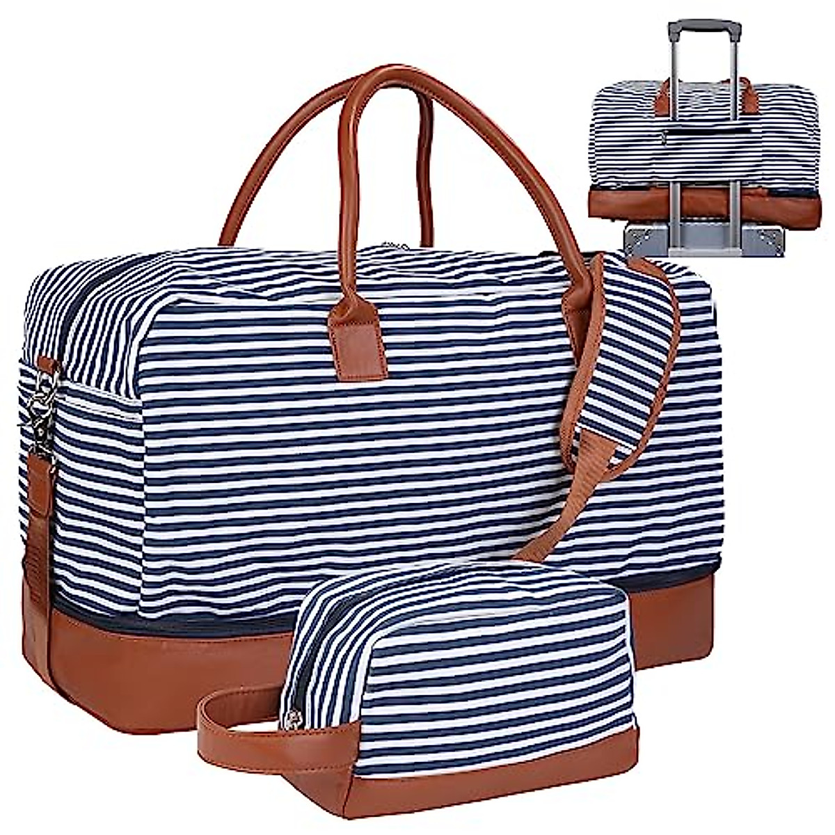 Inspack Duffle Bag with Shoe Compartment for Women/Men, 45L Gym Sports Bags with Trolley Sleeve, 22x14x9 Weekender/Carry on/Travel Tote/Duffel/Overnight Bags（Blue-White Stripe）