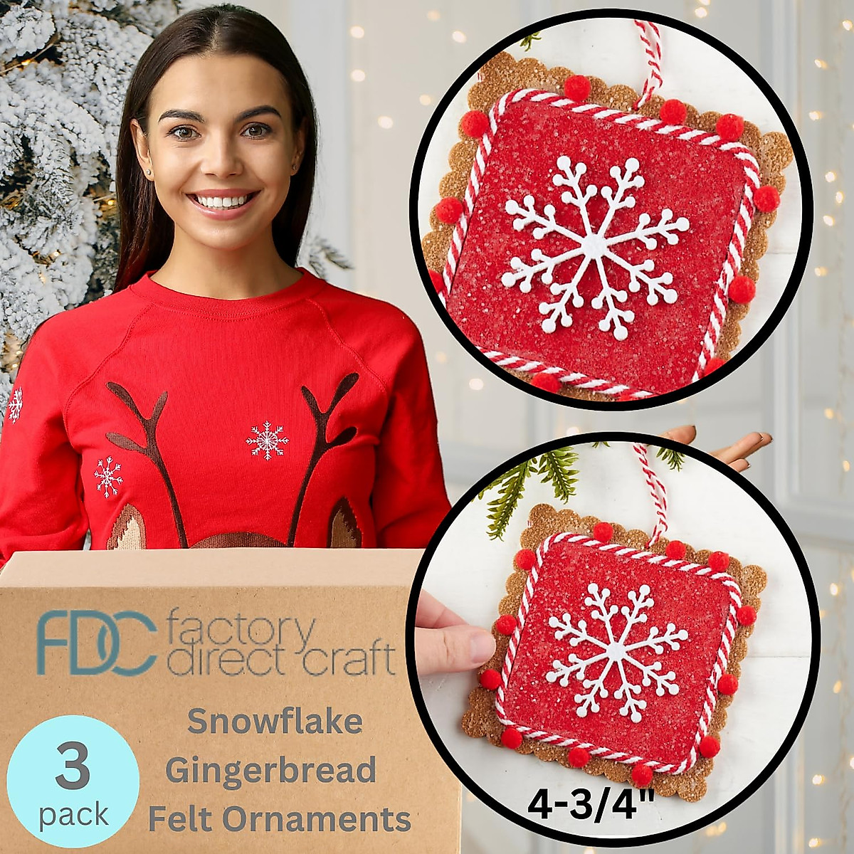 Snowflake Christmas Cookie Felt Ornaments Set of 3 by Factory Direct Craft - Christmas Decorations for Wreaths, Trees and Holiday Displays - 4-3/4 Inches