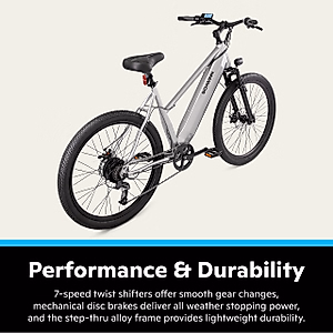 Schwinn Marshall Electric Hybrid Bike for Adults, Small/Medium Step-Thru Aluminum Frame, 250W Motor, 7 Speed, 27.5-Inch Wheels, Gloss Grey