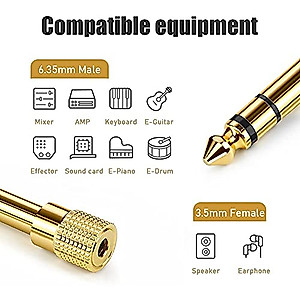 Neasy 6.35mm (1/4 inch) Male to 3.5mm (1/8 inch) Female Stereo Headphone Audio Jack Adapter Plug, 1/4 inch to 3.5mm Adapter Stereo for Aux Cable, Guitar Amplifier, Speaker, Digital Piano Amp - 6 Pack