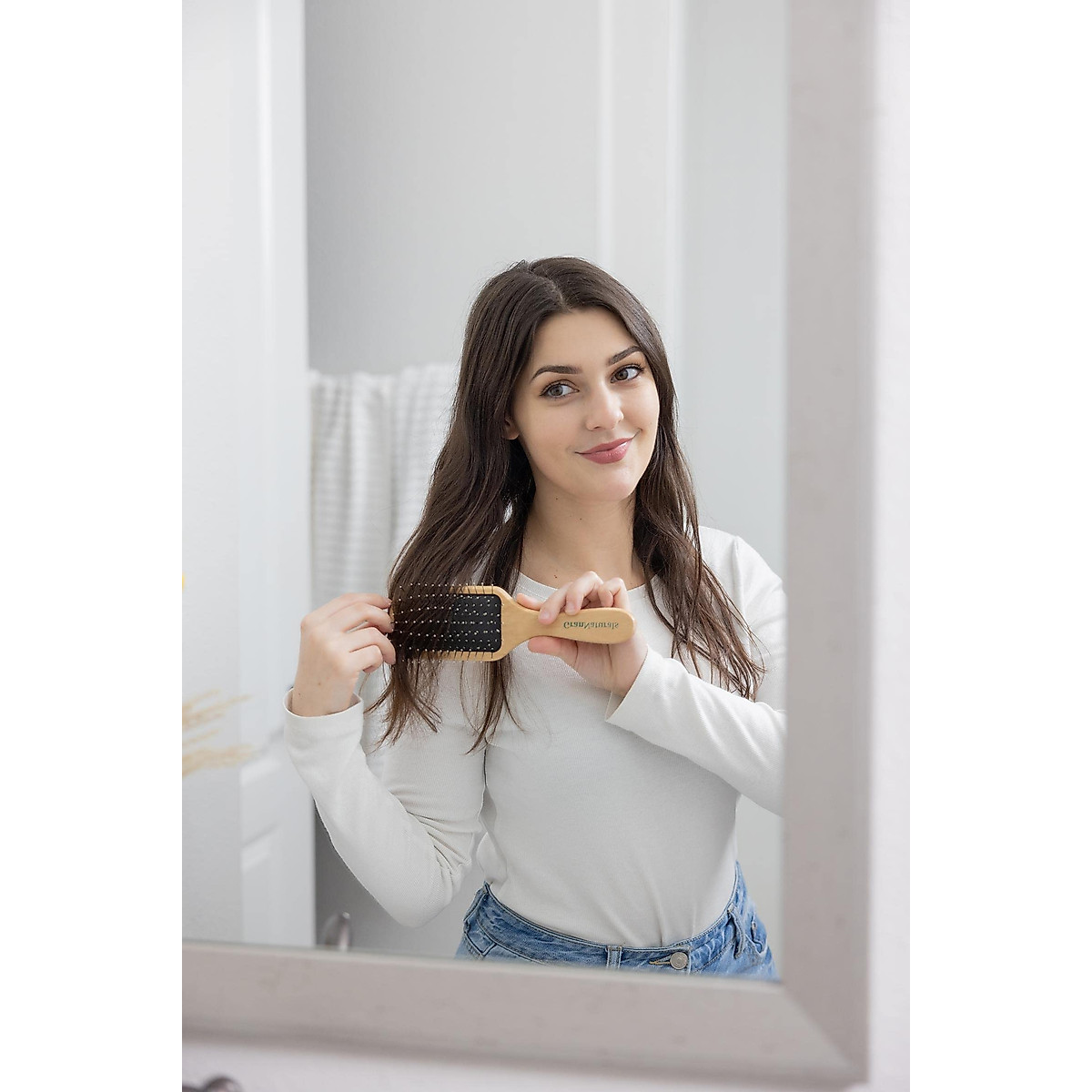 GranNaturals Metal Pin Bristle Hair Brush - Detangling, Anti-Static Paddle Grooming Tool - Rounded Steel Bristles, Ergonomic Wooden Handle - Scalp Massaging Comb - For Normal, Curly, Thick Hair, Wigs