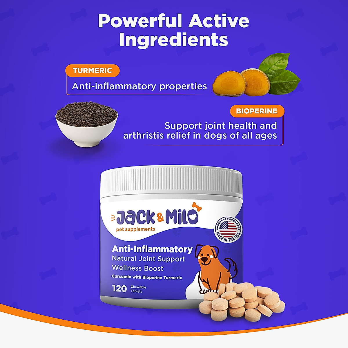 Supplement Anti Inflammatory for Dogs with Turmeric, Hip, and Joint - Dog Arthritis Pain Relief, Support for Mobility & Wellness, USA Made-GMP Certified, Non-GMO, 120 Tablets - Jack & Milo