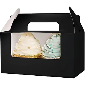 qiqee Cupcake Box Two Holder 6.5x3.6x3.5inch(2.2" Top) 50pcs Brown 2 Cupcake Boxes With Window