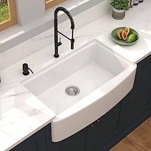 33 x 21 Inch Curved Farmhouse Sink White - CELAENO Single Bowl Fireclay Farmhouse Sink, Apron Front Deep Sink with Protective Bottom Grid and Strainer