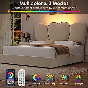 HITHOS King LED Bed Frame with 4 Storage Drawers, Modern Velvet Upholstered Platform Bed with 55" Tall Heart Shaped Headboard, Solid Wooden Slats Support, No Box Spring Needed, Metal Trim, Beige