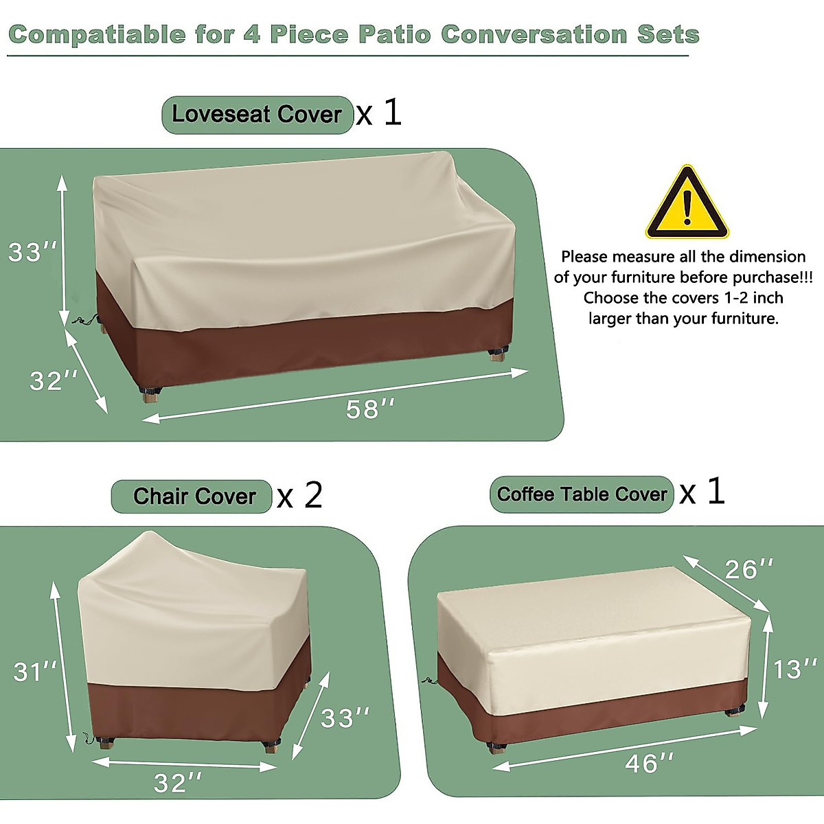 Gasadar Patio Furniture Cover Set, 4 Piece Outdoor Furniture Cover Waterproof, 600D Heavy Duty Lawn Patio Set Covers