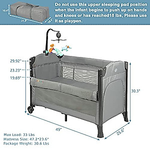 JOYMOR Baby Bedside Sleeper, Extra Large Bed Side Bassinet, Pack n Play Convert Playpen, Quick Foldable Travel Bassinet Bed, with Toy, Wheels & Brake, Carry Bag for Boys Girls