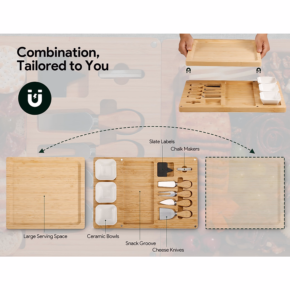 Easoger Bamboo Charcuterie Boards and Knife Set, 3 in 1 Magnetic Extra Large Cheese Board with 3 Bowls, Wedding Gifts, House Warming Gifts for Couples