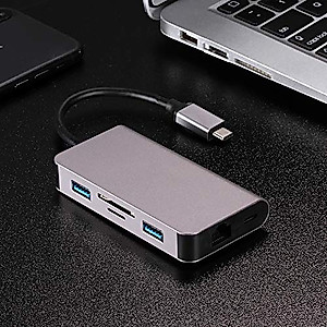 PANUSBGHUB 6 in 1 Type C USB 3.0 Hubs Type-C to 2xUSB3.0 RJ45 SD TF Card PD Charging Port Adapter Cable Converter for Laptop MacBook(Silver) (Color : Gray)