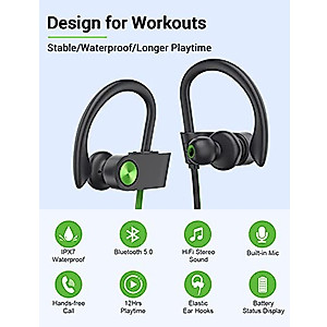 Stiive Bluetooth Headphones, Wireless Sports Earbuds IPX7 Waterproof with Mic, Stereo Sweatproof in-Ear Earphones, Noise Cancelling Headsets for Gym Running Workout, 15 Hours Playtime - GreenBlack