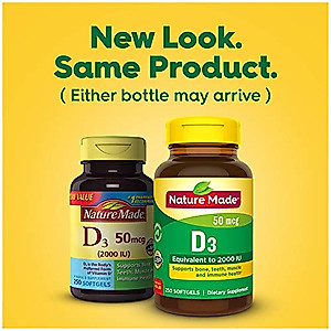 Nature Made Vitamin D3 2000 IU (50 mcg), Dietary Supplement for Bone, Teeth, Muscle and Immune Health Support, 250 Softgels, 250 Day Supply