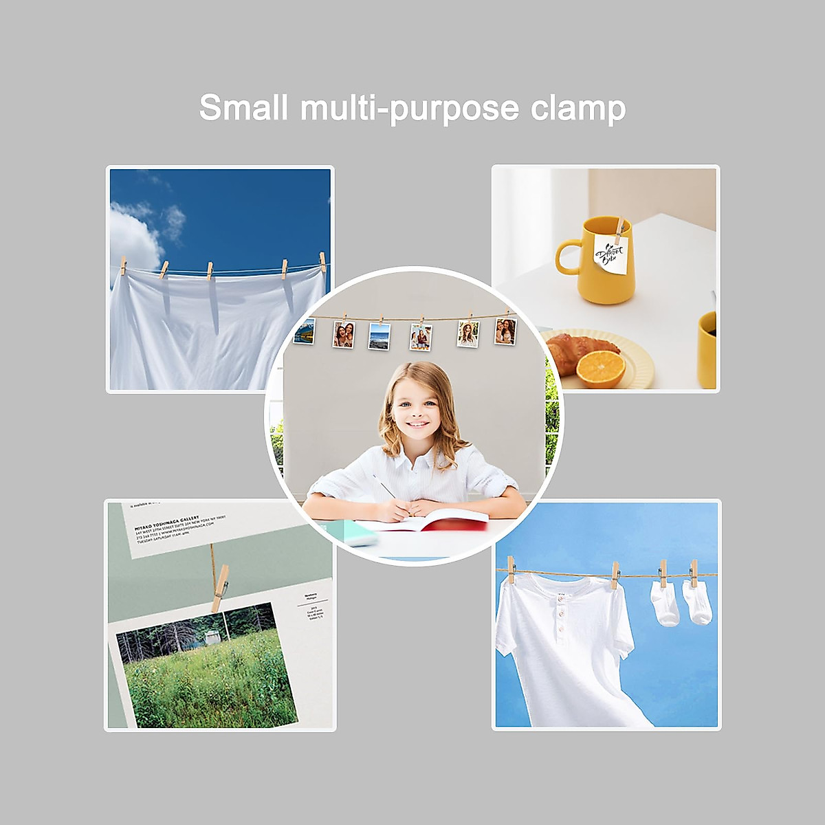 KTOJOY Mini Wooden Clothes Pins, 100 Pack, 1.4 Inch, Mini Natural Birchwood ClothesPins with 33 FT Jute Twine, Heavy Duty Moisture Resistant Clothes Pegs for Craft, Pictures, Arts, Cocktails