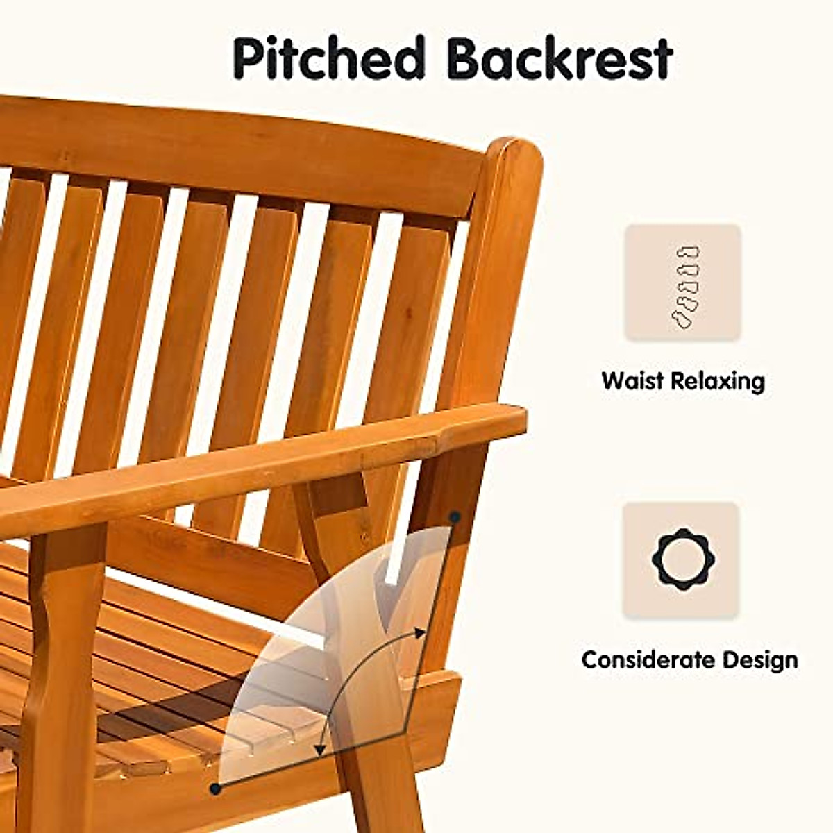 MCombo Patio Wood Garden Bench 2-Seat,Outdoor Acacia Loveseat Furniture, All-Weather Bench with Backrest and Armrest for Deck Porch Balcony Backyard, 260 lbs Capacity 6083-BC01-WD