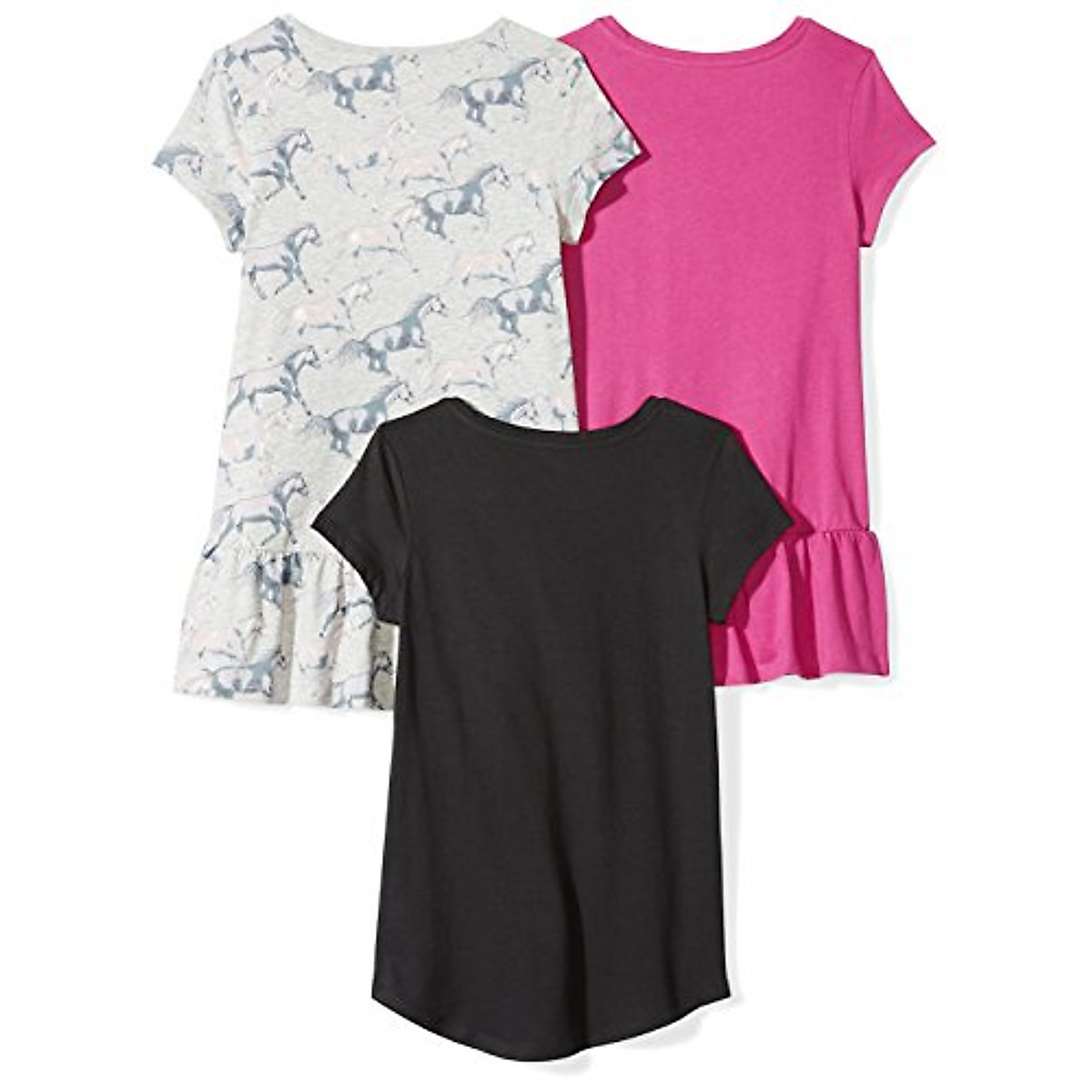 Amazon Essentials Girls' Short-Sleeve and Sleeveless Tunic Tops (Previously Spotted Zebra), Pack of 3, Black/Grey Horses/Pink, Medium