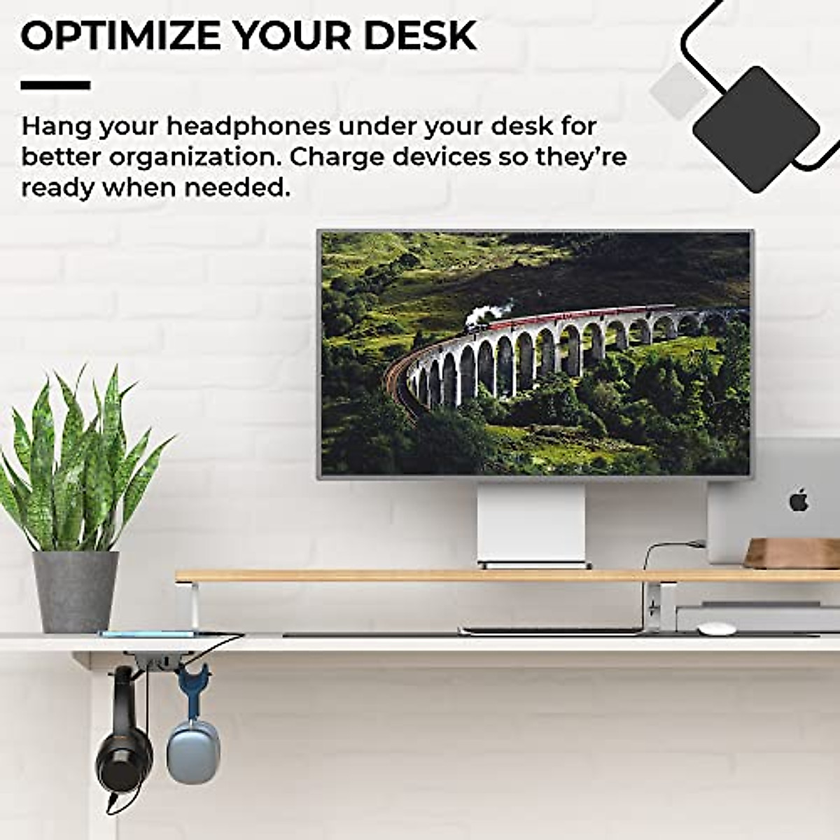 HumanCentric Hook and Charge Headphone Hanger with USB Charger, Under Desk Headphone Mount + Headphone Stand, Charge Accessories with 3 USB A Ports, Hook Headphones on Headset Holder Desk Hook, Black