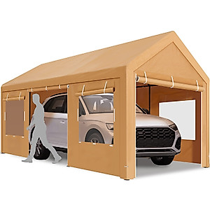 SARORRA Carport, 10'x20' Heavy Duty Carport with Roll-up Ventilated Windows, Portable Garage with Removable Sidewalls & Doors for Car, Truck, Boat, Wedding Party, Outdoor Camping, UV Resistant (Beige)