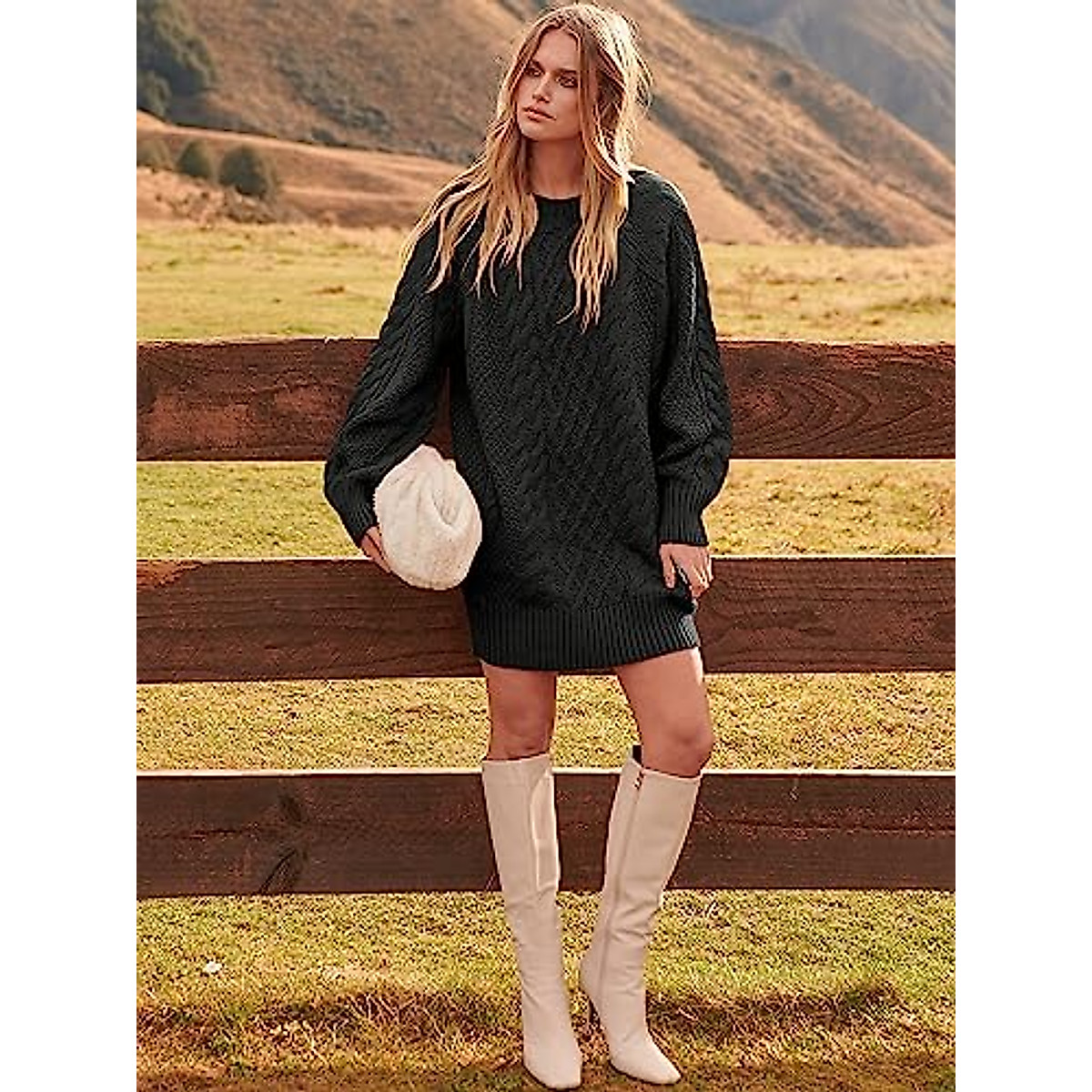 ANRABESS Women 2023 Fall Crewneck Long Sleeve Oversized Cable Knit Chunky Baggy Loose Knit Pullover Short Sweater Dresses Trendy Winter Tunic Mini Dress 412heise-XS Black