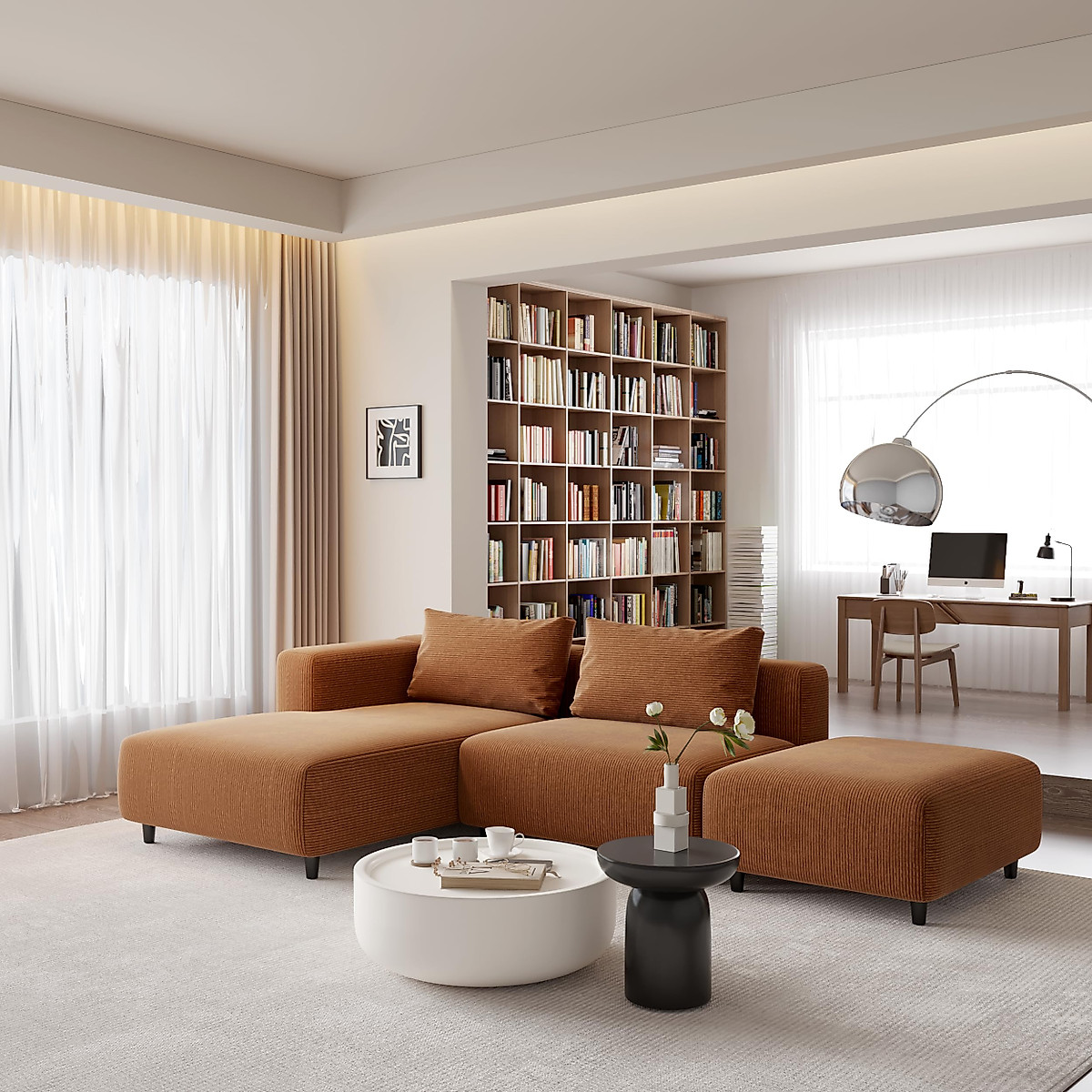 Acanva Soft Corduroy Sectional Modular Sofa Set, Modern L-Shaped Chaise Couch for Living Room, Apartment, Office, Small Spaces, Orange Brown