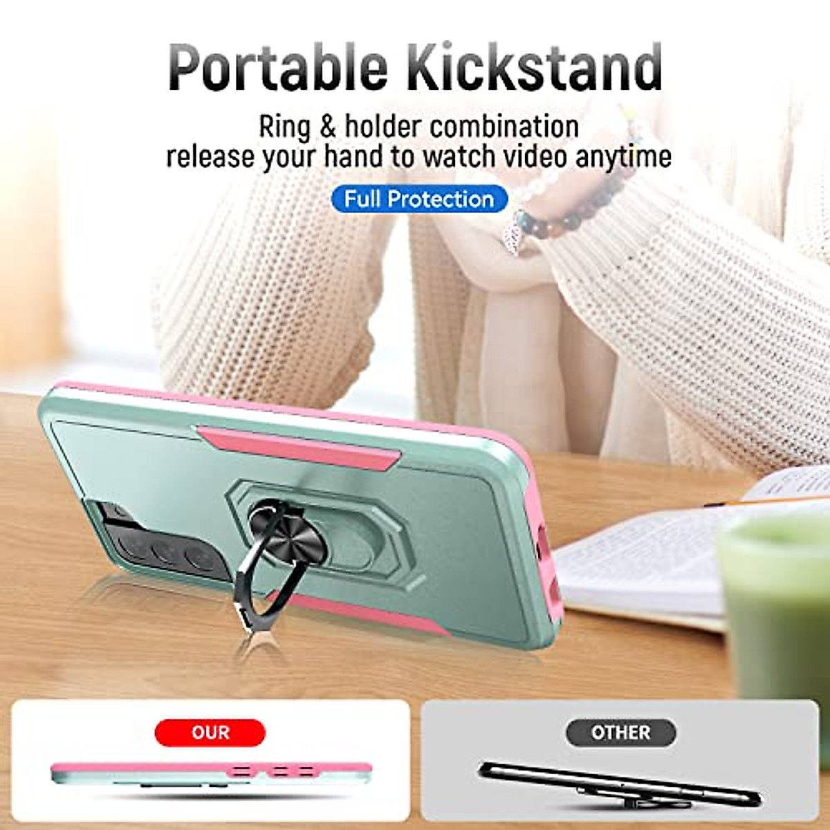 KSELF Galaxy S21 5G Case: Military-Grade Shockproof, Tempered Glass Protector, Ring Kickstand (Green & Pink)