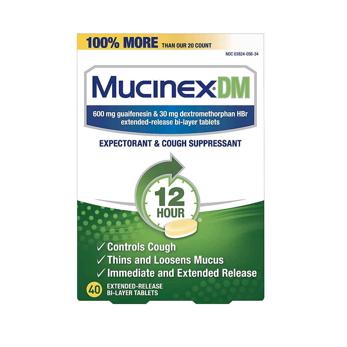 Mucinex DM 12-Hour Expectorant and Cough Suppressant Tablets, 40 ct (Pack of 2)