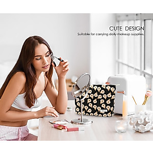 MOMOJULI Corduroy Makeup Bag Cosmestic Bag Large Capacity Ladies Women Aesthetic Make Up Organizer Accessories Zipper Pouch Purse （Beige+Black Flowers）