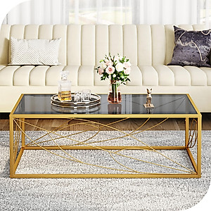 DWVO 48 Inch Marble Pattern Slate Coffee Table Modern Rectangle White and Gold Coffee Tables for Living Room