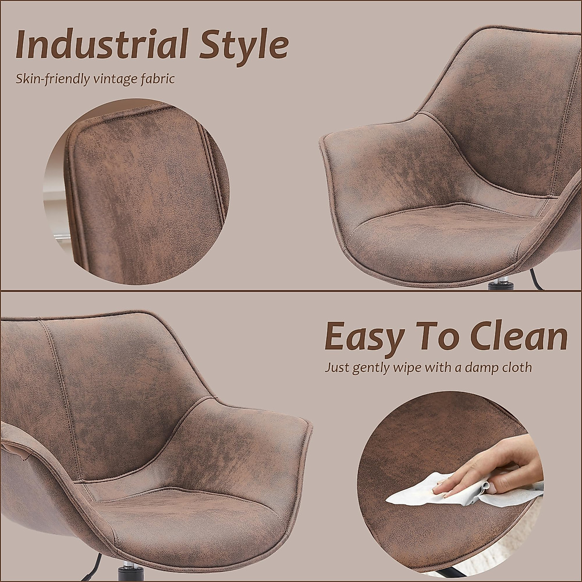 HOOLETE Vintage Faux Leather Desk Chair, Mid Century Modren Office Chair with Wheels, Ergonomic Computer Task Chair, Swivel Upholstered Vanity Chair with Arms for Makeup, Brown