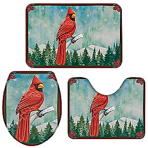Bathroom Rugs, Memory Foam Bath Mat Bathroom Set, Christmas Red Bird in Snow Bath Rugs Bathroom Accessories, Home Decor Non-Slip Absorbent Soft Bath Mats for Bathroom, Tub, 3 Pieces