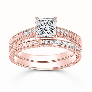 Vintage Bridal Ring Set for Women Princess Cut Bridal Sets Wedding Rings, 1-1/2 Carat(ctw) Moissanite Engagement Ring Set 925 Sterling Silver 10K 14K 18K Gold Engagement Ring Set Free Engraving