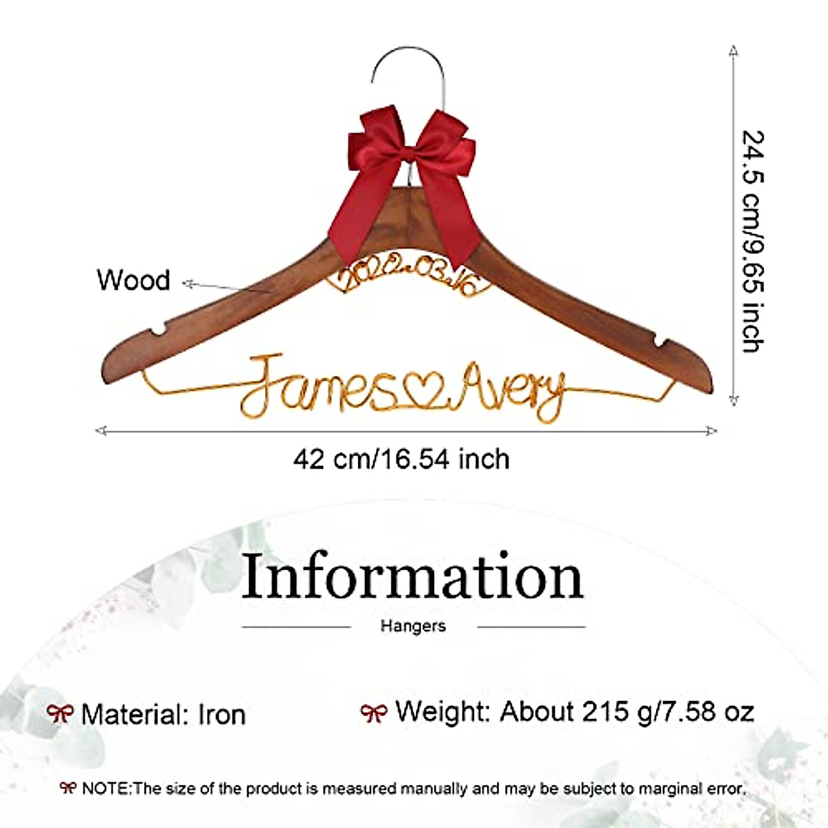 Joyforisa Bridal Hanger with Bow-Knot, Custom Name Wedding Hanger, Personalized Date Bride Hanger, Wooden Hangers for Wedding Dress, Wedding Dress Bridal Gift