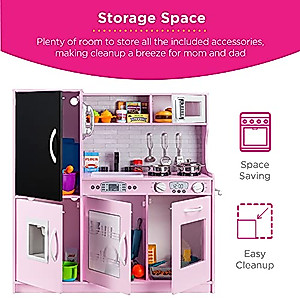 Best Choice Products Pretend Play Kitchen Wooden Toy Set for Kids with Realistic Design, Telephone, Utensils, Oven, Microwave, Sink - Pink