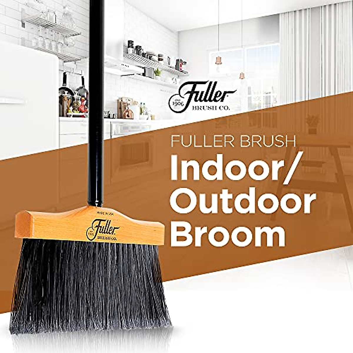 Fuller Brush Wooden House Broom - Heavy-Duty Wide Wood Sweeper Head with Long Bristles for Sweeping Indoor-Outdoor and 2-Pc Black Steel Handle - Available in 2 Sizes Perfect for Household & Yard Use
