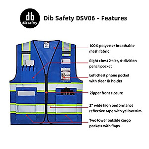 Dib Safety Reflective Mesh Vest High Visibility Two Tone with Pockets and Zipper, Blue Mesh with Yellow Trim L