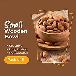 Wooden Small Bowls Pack of 6-100% Natural Food Grade Acacia Wooden Serving Bowls for Condiments, Dip Sauce, Ketchup, Soup, Jam, Rice, Coffee, Tea and Olive