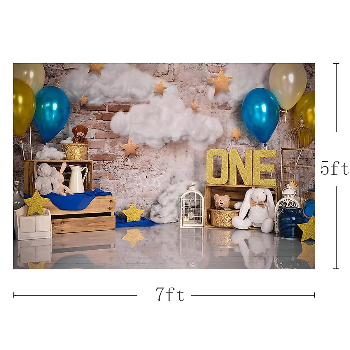 MEHOFOTO Blue and Gold Boy One Birthday Photo Studio Portrait Backdrop Props Balloons Cloud Stars Retro Wall Happy 1st Birthday Party Decorations Photography Background Banner 7x5ft