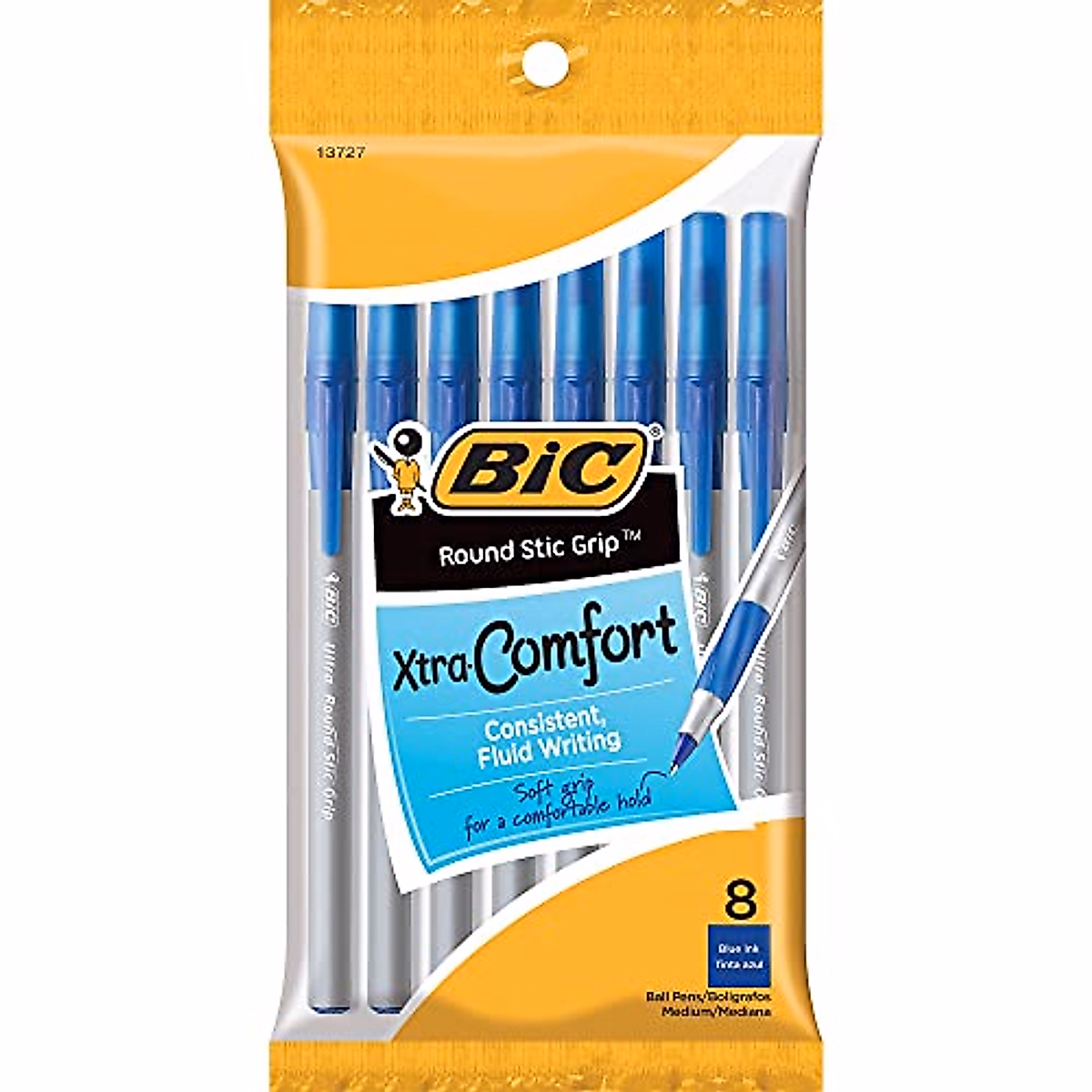BIC Round Stic Grip Xtra Comfort Ballpoint Pen, Medium Point (1.2mm), Blue, 8-Count