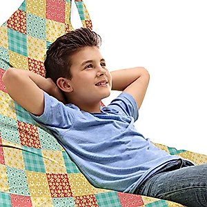 Lunarable Geometric Lounger Chair Bag, Coming of Spring in Rustic Country Theme Vintage Floral and Plaid Quilt Pattern, High Capacity Storage with Handle Container, Lounger Size, Multicolor